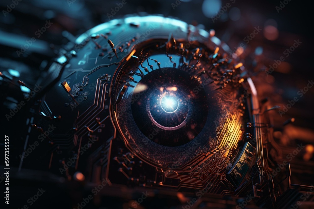 Close-up cyber eye with lights and circuits for surveillance and ...