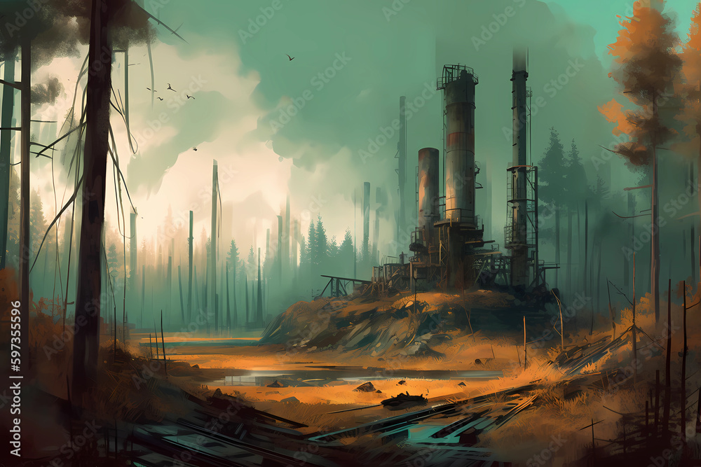forest landscape transforming into an industrial wasteland. digital art ...