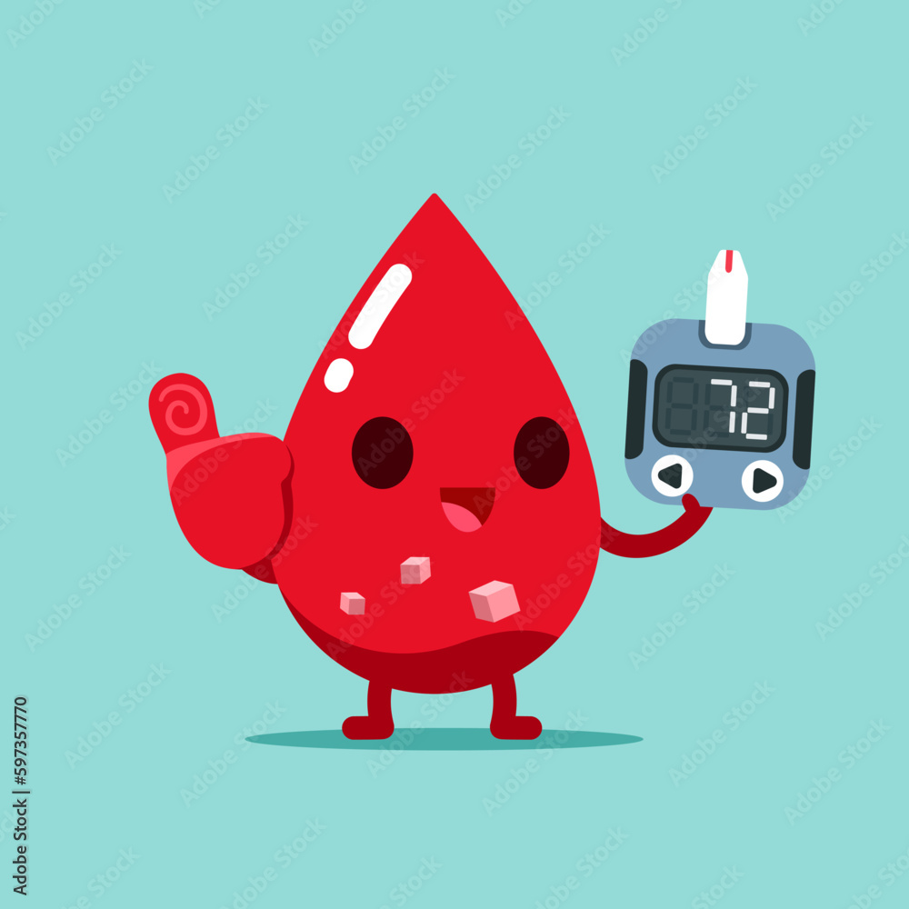 Happy Cute cartoon red droplet checks control blood low sugar diabetes ...