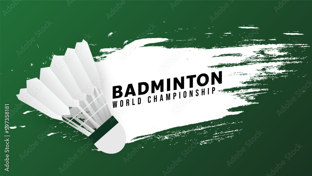 Shuttlecock on white line on green background badminton court indoor ...