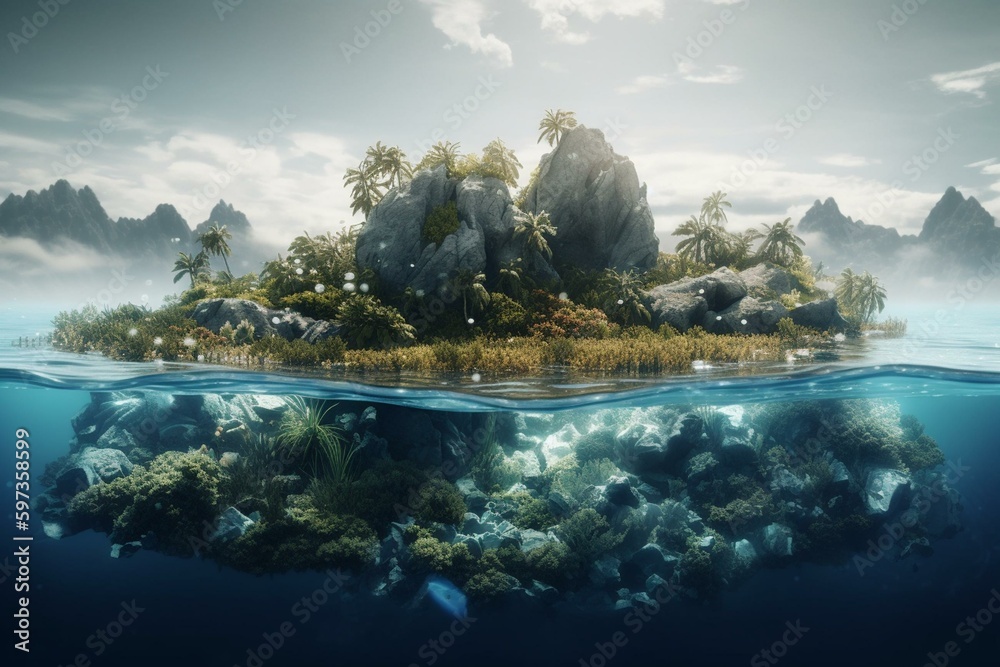 Interface of water and island formation surrounded by coral reefs ...