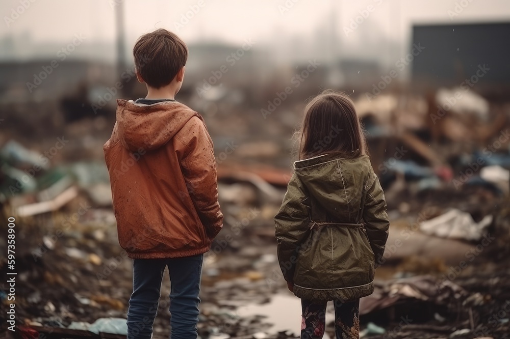 Kids look at garbage dump. Environmental pollution problem concept ...