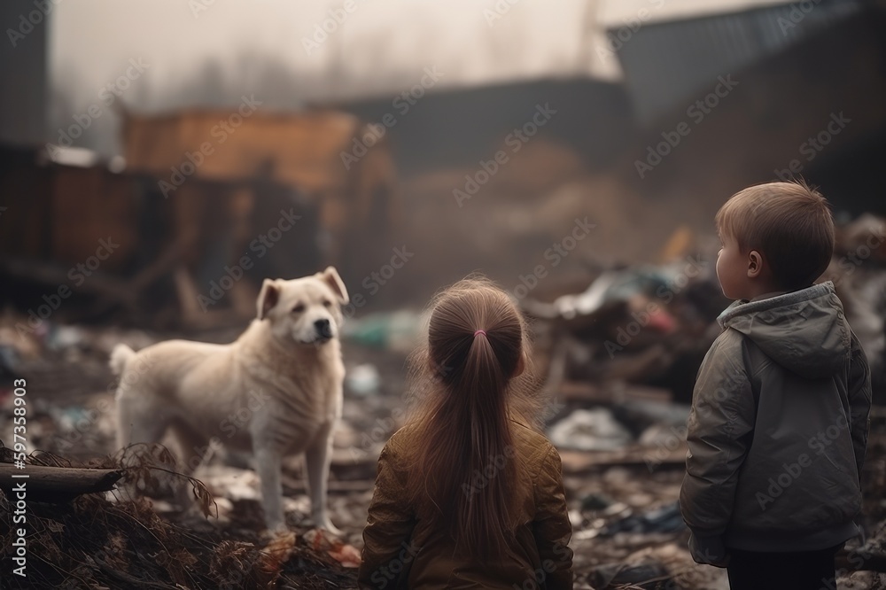 Kids look at garbage dump. Environmental pollution problem concept ...
