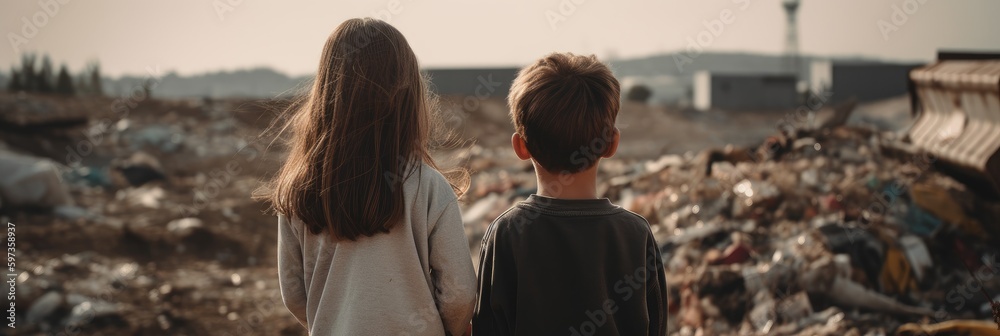 Kids look at garbage dump. Environmental pollution problem concept ...