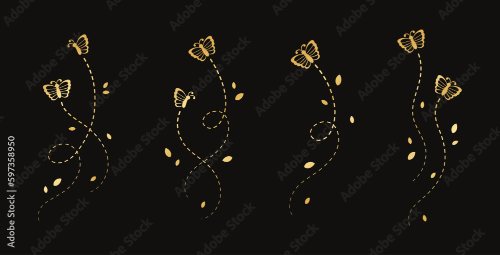 Gold Butterflies Set. Golden Flying Butterfly with Dotted Line Route ...