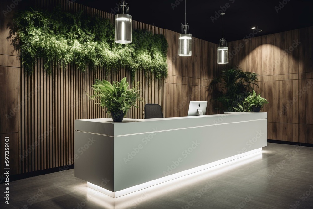 White reception desk in office building, green wall, illuminated wood ...