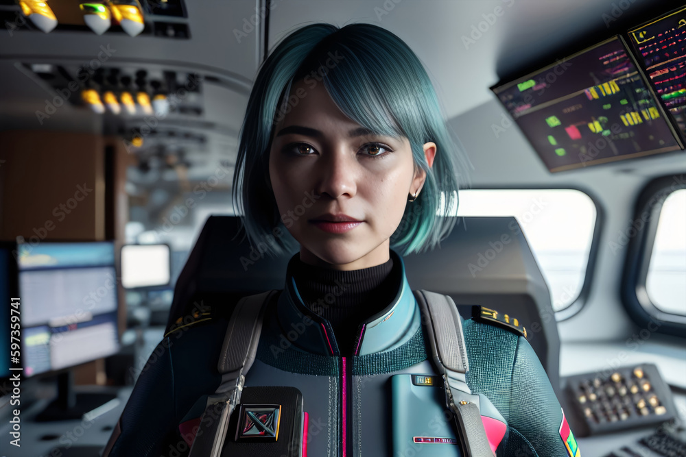 Beautiful Woman Pilot In Futuristic Sci Fi Space Ship Control Room Generative Ai Illustration