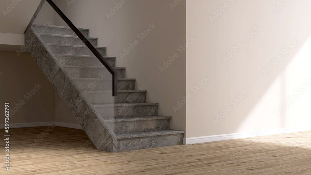 Luxury, modern U shape gray texture granite stone stair, staircase ...