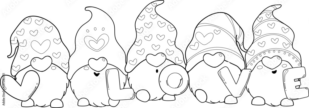 cute valentine love gnome cartoon doodle outline character hand drawing ...