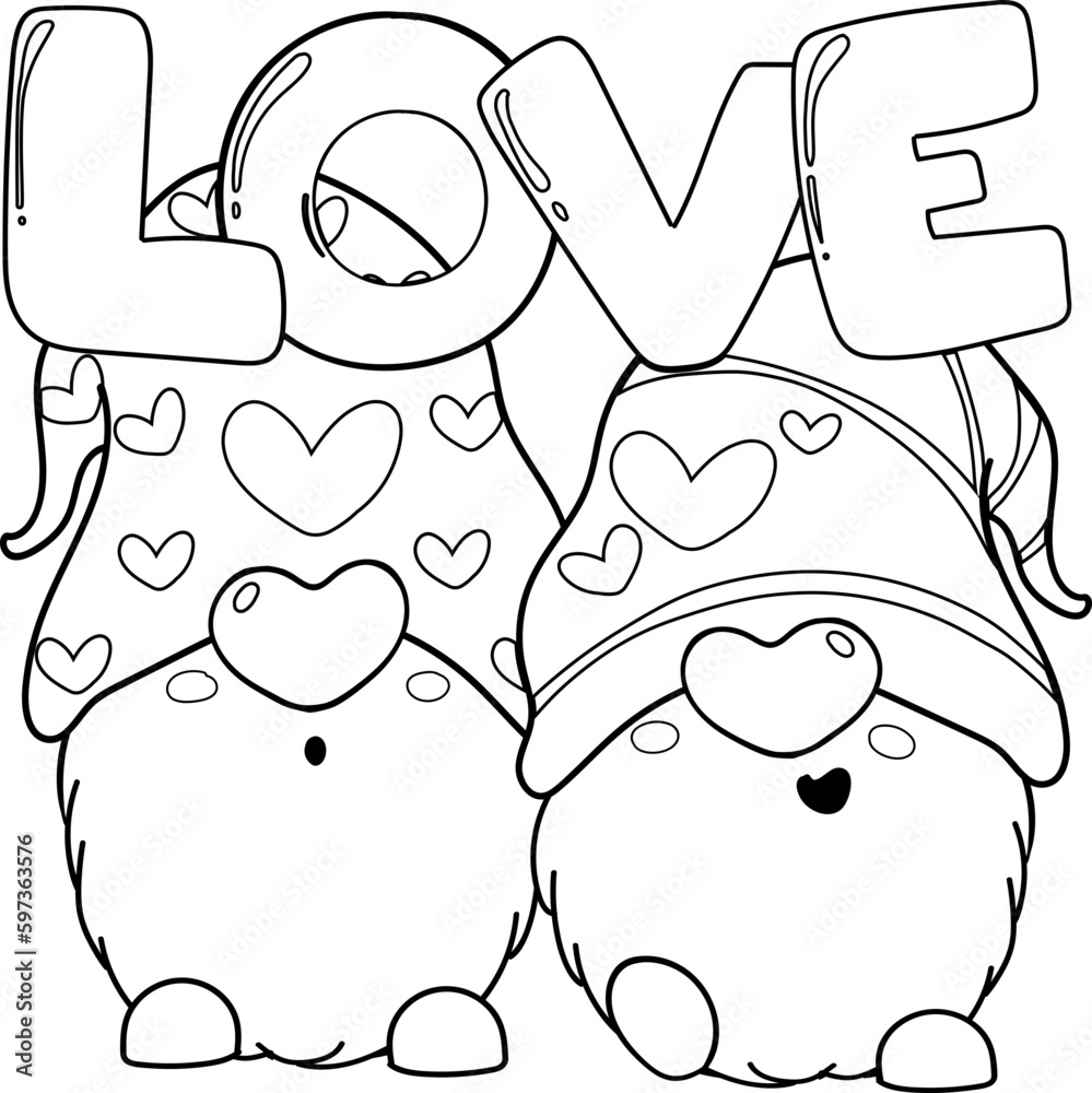 cute valentine love gnome cartoon doodle outline character hand drawing ...
