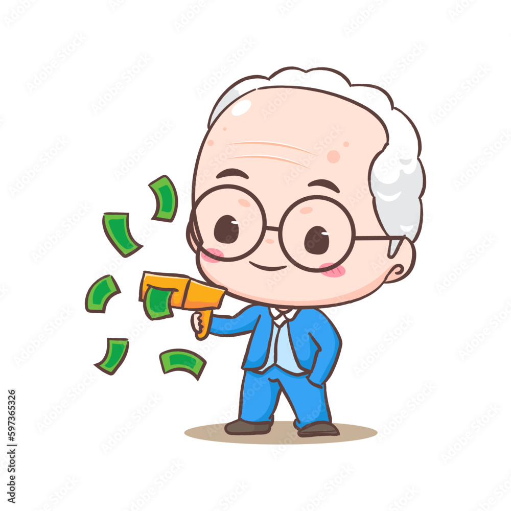 Cute Rich old man cartoon character. Grandpa holding money gun ...