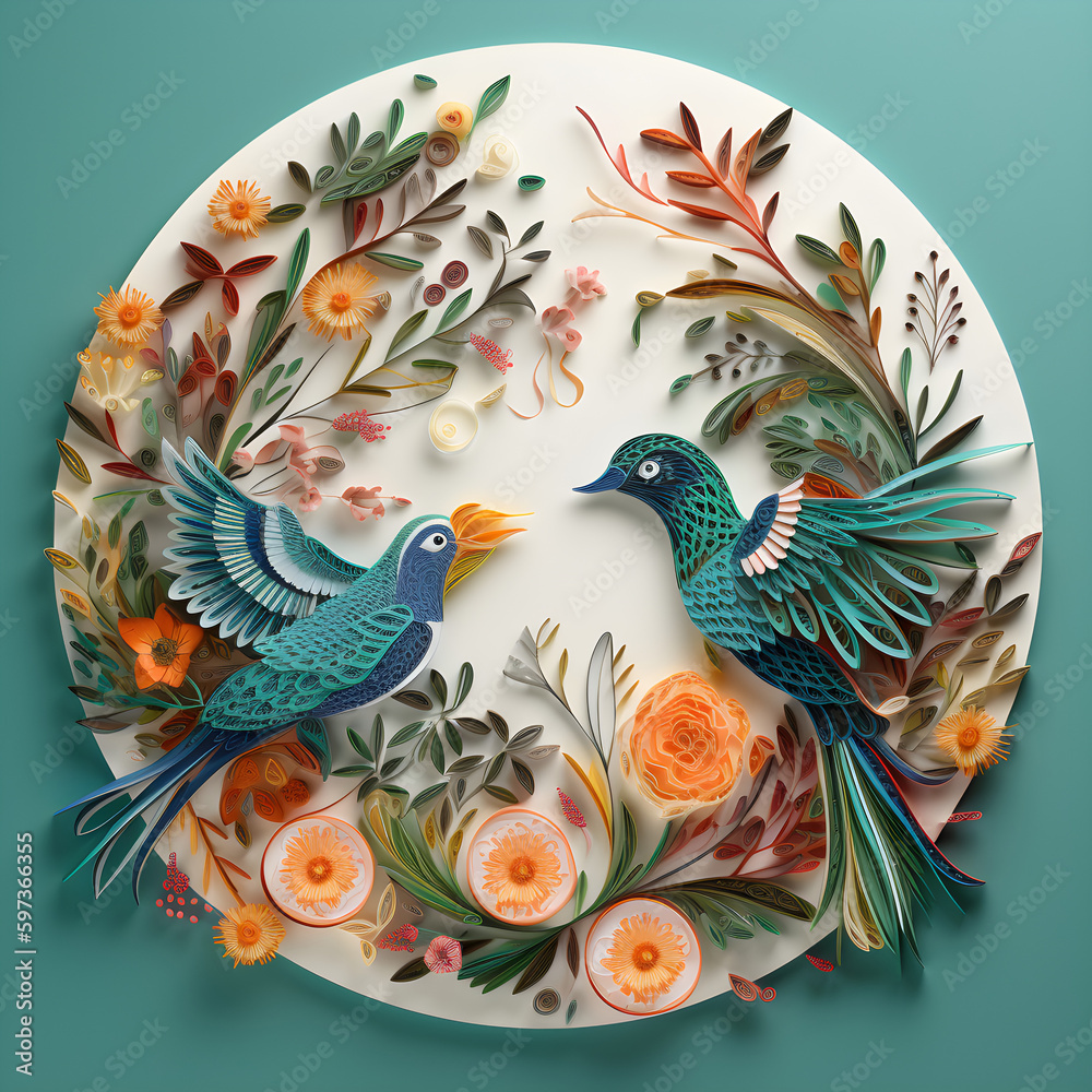 feather,A quilling paper art piece with various birds, including a ...