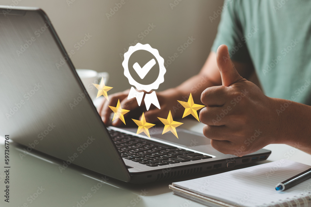 Businessman checking ISO standard certified results after pass annual ...