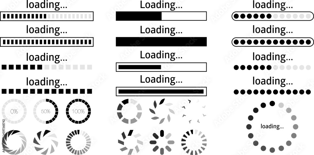 Set of vector loading icons.loading bar progress icon. Download progress. Collection Loading ...