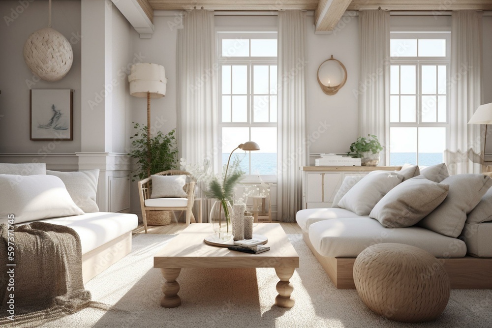 Hampton style living room with coastal design, including a mock up ...