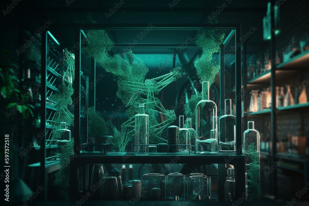 3D illustration of a lab with green background, displaying chemistry ...
