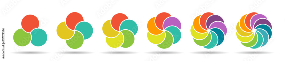 set of color pie charts of 3, 4, 5, 6, 8, and 10 parts or elements for ...