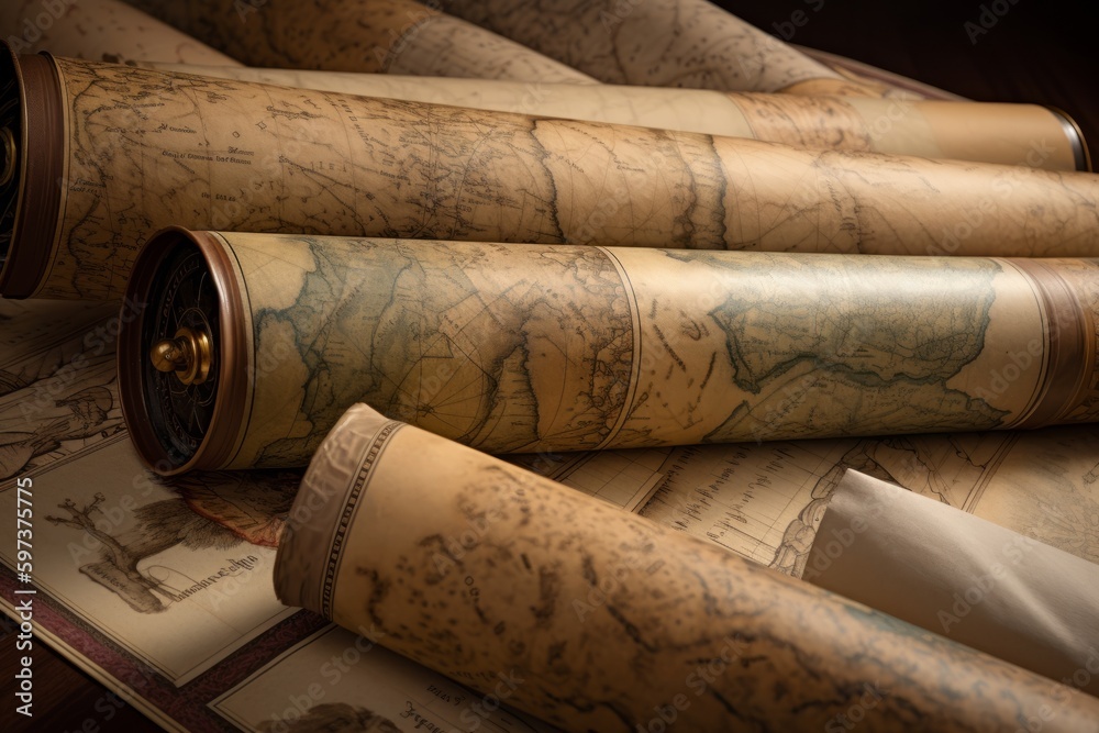 Scrolls of nautical charts, nautical map. Created with generative AI ...
