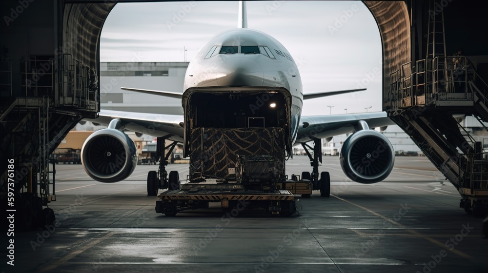 A cargo plane parked on a tarmac with open cargo doors revealing ...
