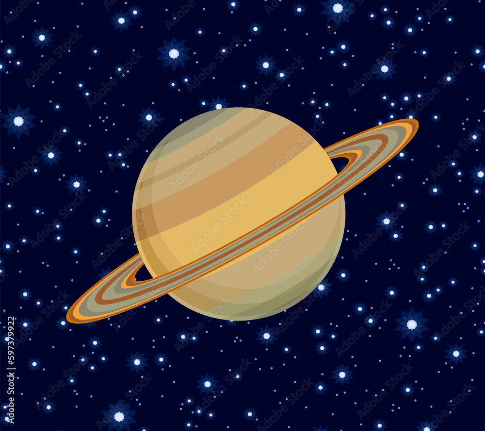 Saturn planet and rings on dark starry sky background. Vector cartoon ...