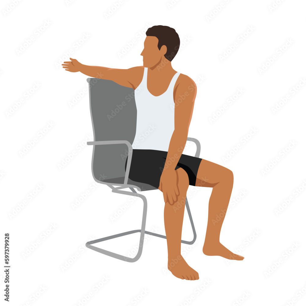 Man doing workout at office seated Chair spinal twist. ardha ...