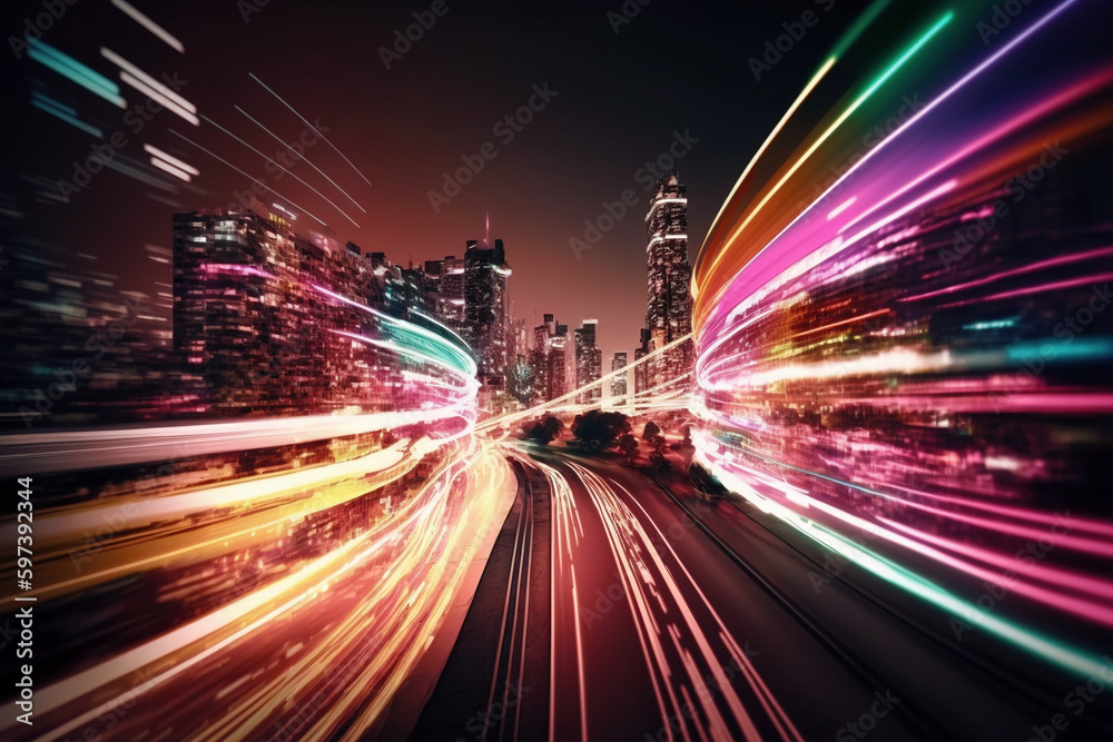 Futuristic high speed blurred light tail at night city. High speed data ...