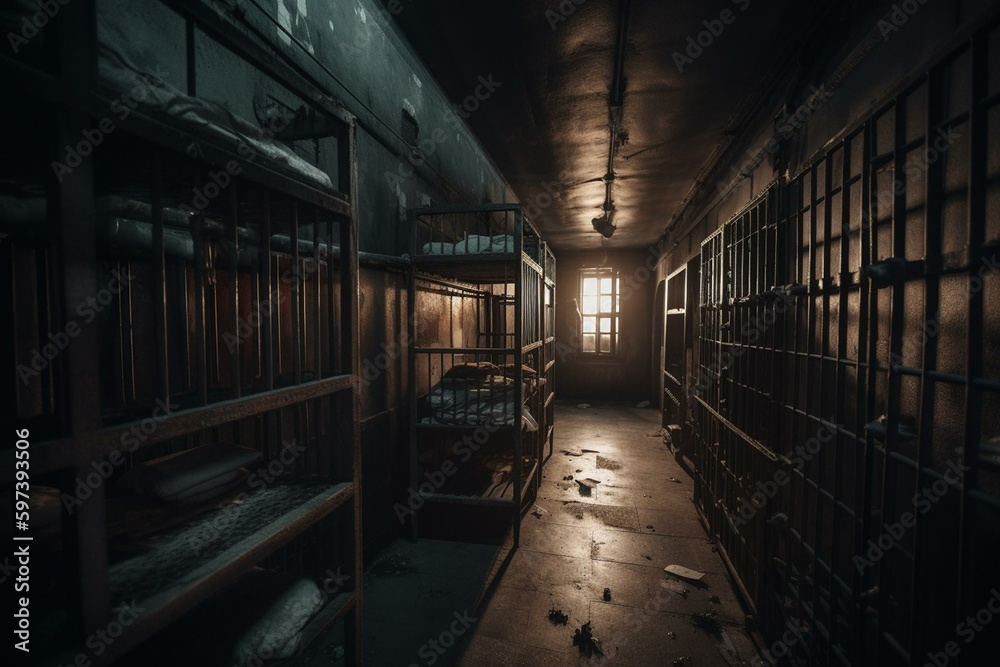Indoor prison cells in the shadows with a dark background. Generative ...