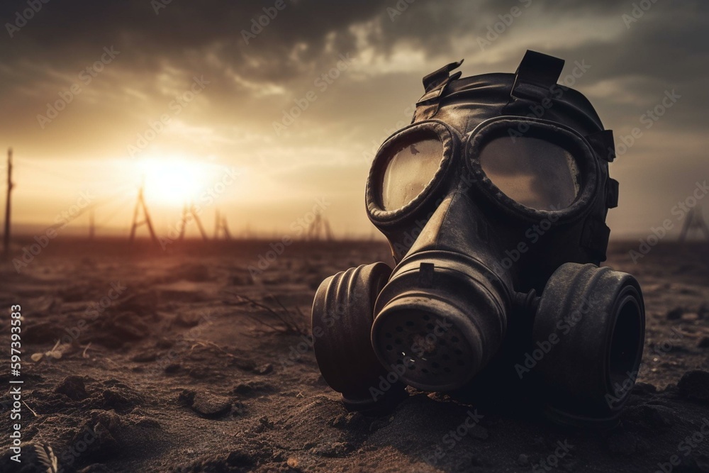 Powerful illustration of an abandoned gas mask in a post-apocalyptic ...