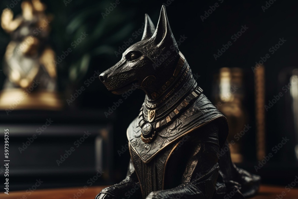 Statuette of the Egyptian god Anubis, made of black material ...