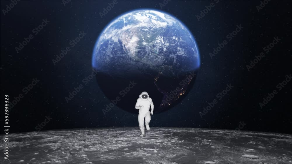 Astronaut in spacesuit run with low gravity on moon surface with starry ...