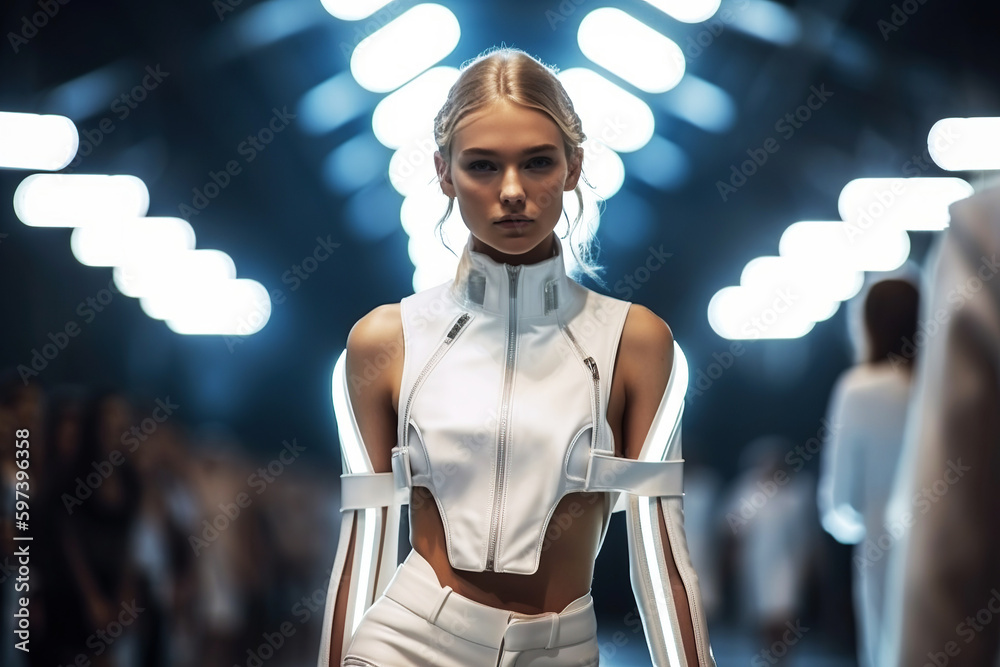 A model girl walks down the runway in an unusual alien, futuristic ...