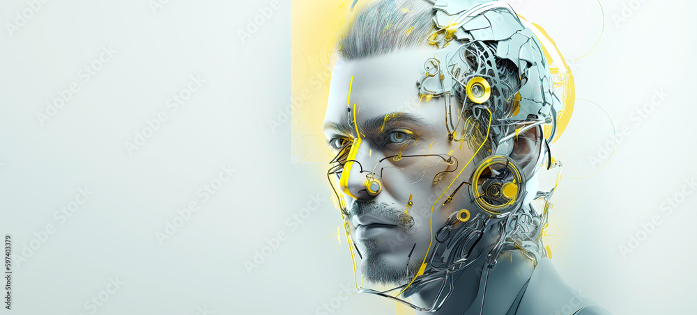 Young mans face with futuristic interface and human brain upgrades with ...