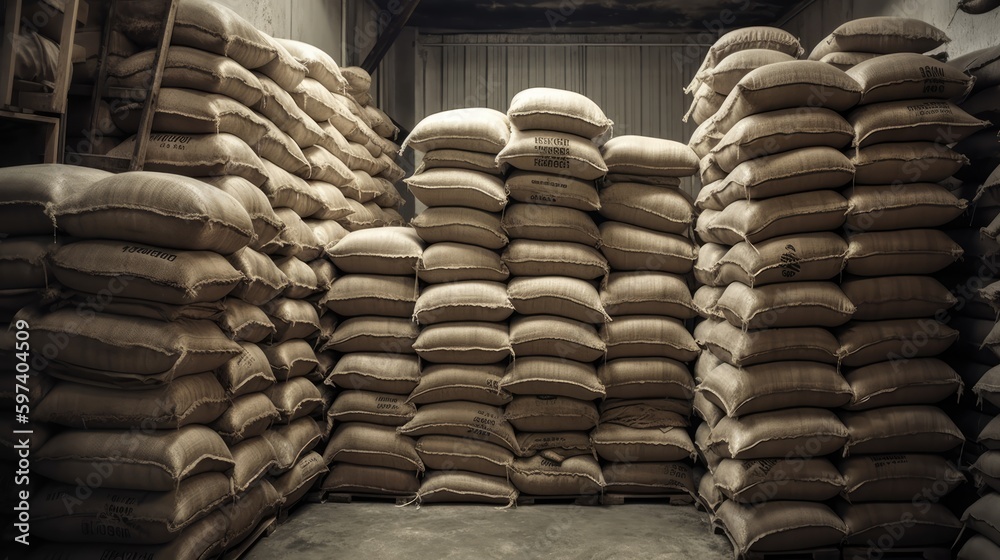 Organized Warehouse Storing, Stacked Sacks of Goods, Efficient ...