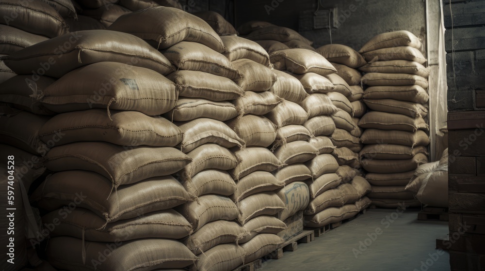 Organized Warehouse Storing, Stacked Sacks of Goods, Efficient ...