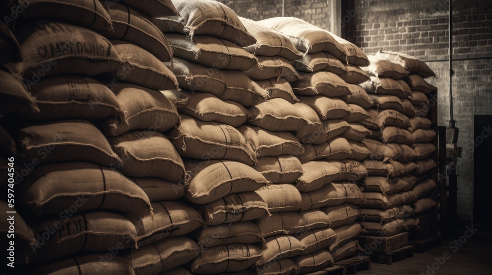 Organized Warehouse Storing, Stacked Sacks of Goods, Efficient ...