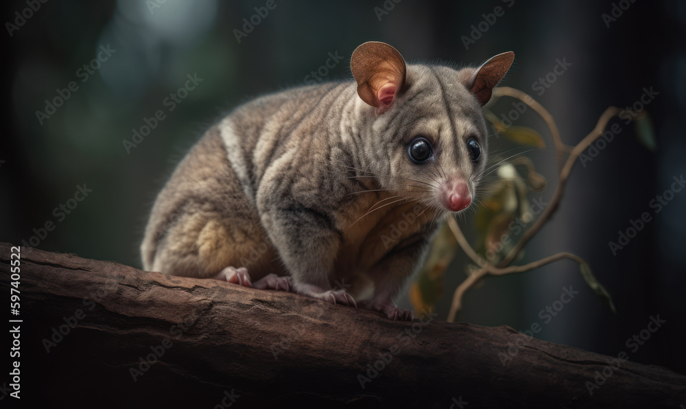 Glider, also called Flying Phalanger, perched on a eucalyptus branch in ...