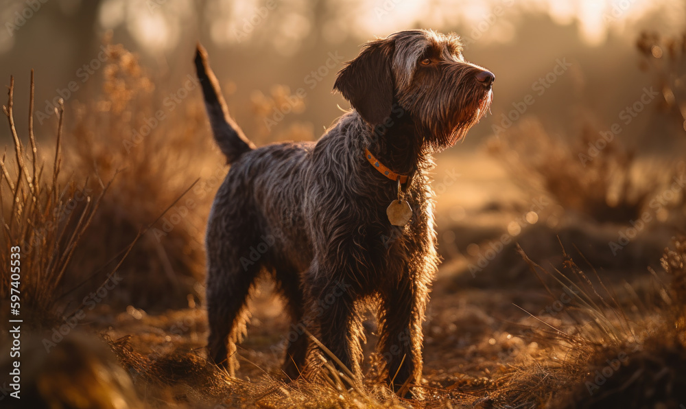 German wirehaired pointer standing alert in sprawling, rugged field ...