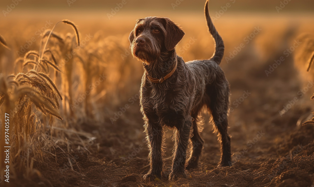 German wirehaired pointer standing alert in sprawling, rugged field ...