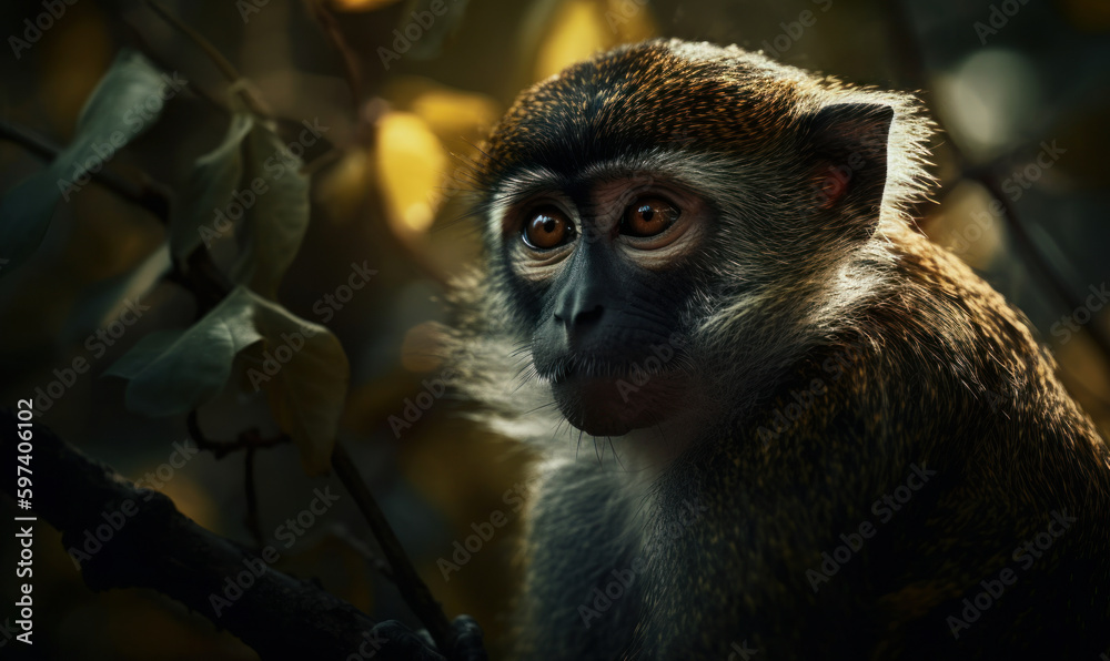 Photo of guenon primate, perched on a lush tree branch in a dense ...