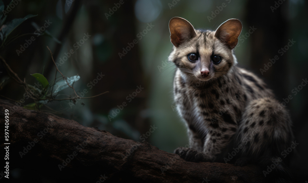 Photo of genet (mammal) perched atop a tree branch, scanning the ...