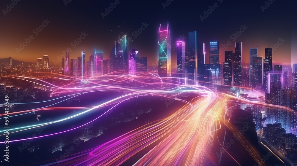 Communication network and traffic light on highway .Futuristic ...