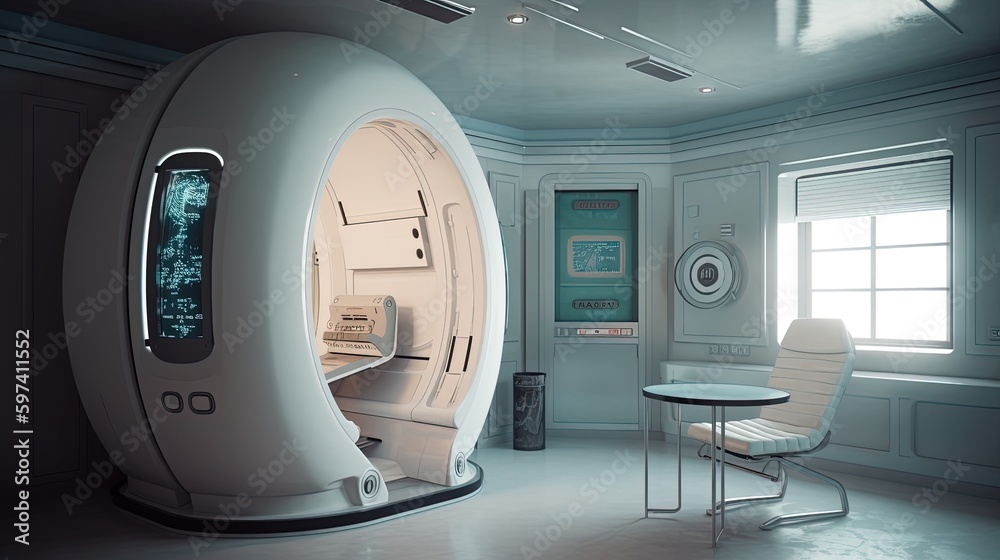 Space capsule medical room. Clean hibernation chamber. Cryonics ...