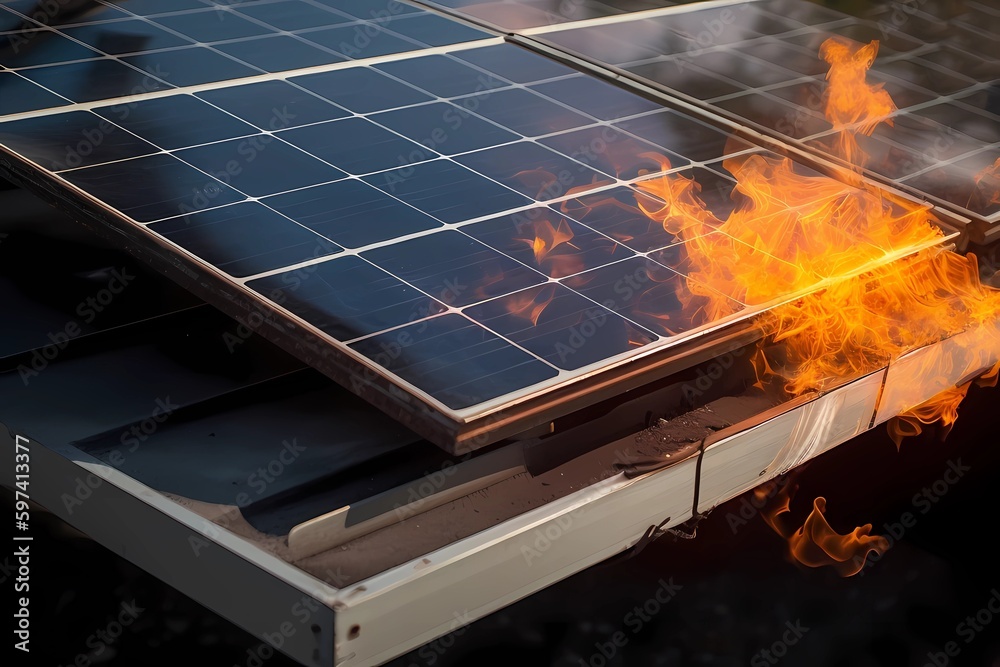 Photovoltaic installation fire, serious issue, close-up on burning ...