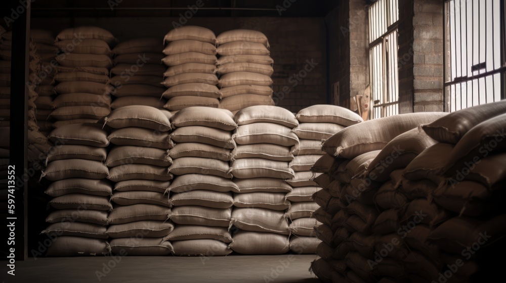 Systematic Warehouse Storage, Neatly Stacked Sacks of Goods ...