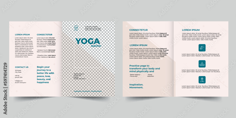 Yoga Instructor bifold brochure template. A clean, modern, and high ...