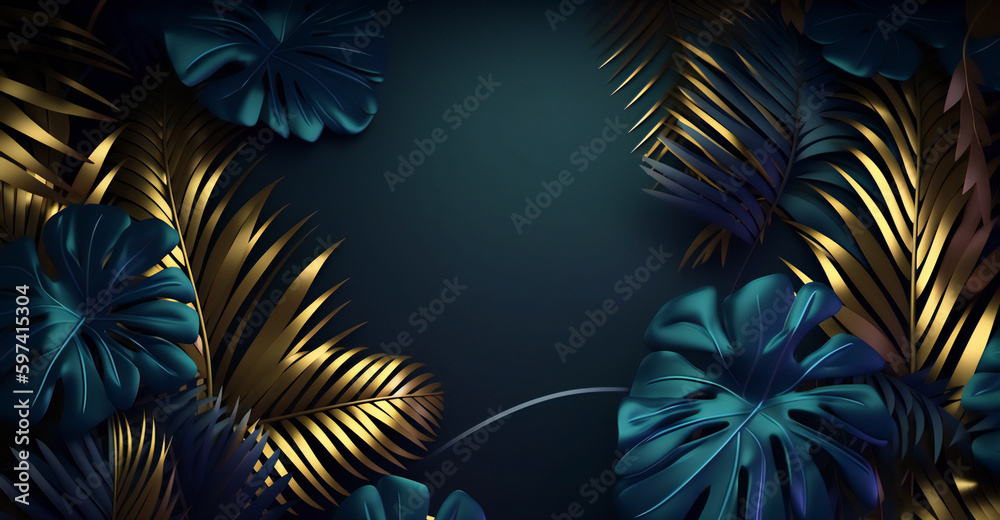 Exotic luxury background, frame, card. Tropical green, blue and golden ...
