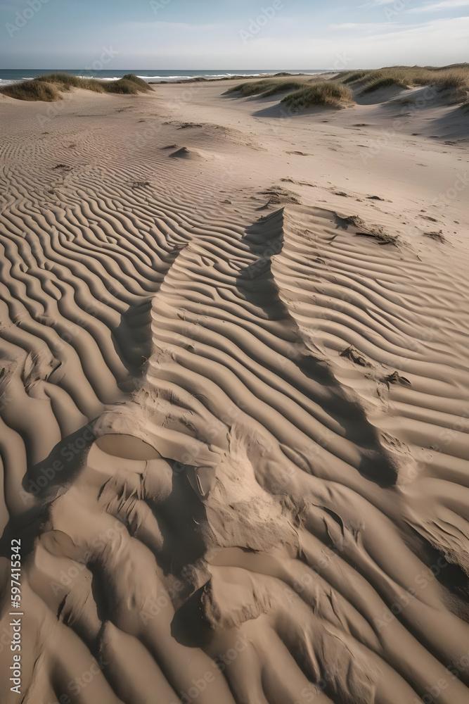 sand furrows on a deserted shoreline, evidence of wind and water ...