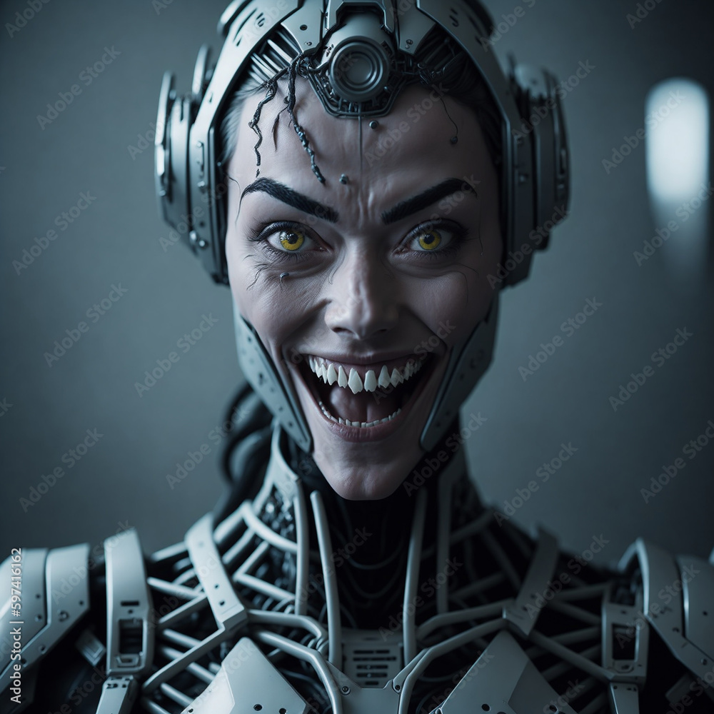 Crazy white robot woman with frightening smiling face, end of humanity, created with Generative ...