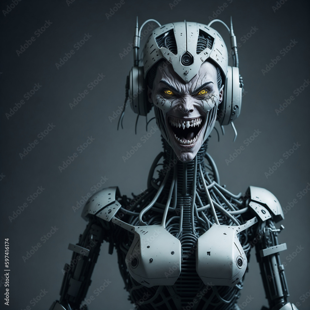 Crazy white robot woman with frightening smiling face, end of humanity ...