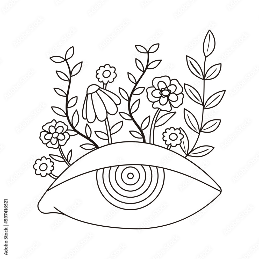 Contour groovy eye and flowers illustration in 70s and 60s style ...